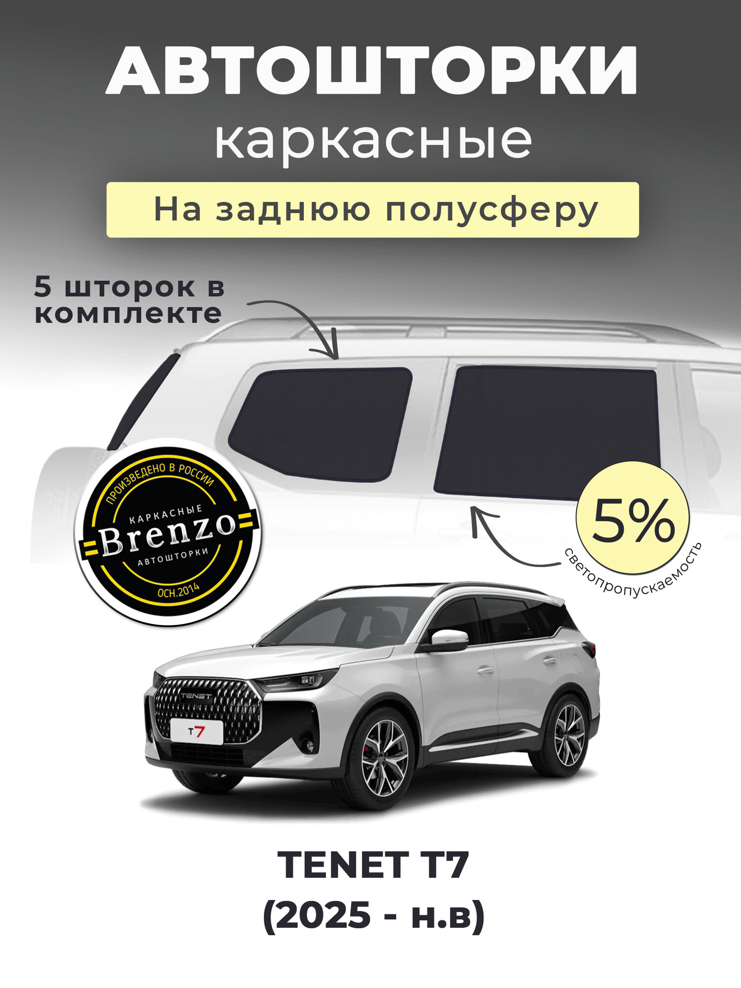 Каркасные шторки TENET T7 (2025 - н. в) на заднюю полусферу 5%, сетки от солнца в машину
