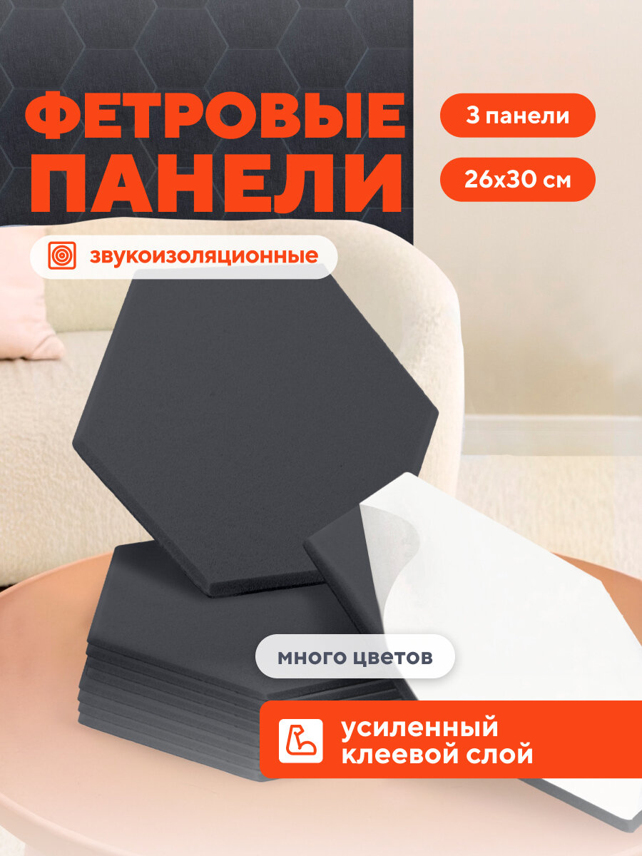 Акустические панели звукоизоляционные самоклеящиеся. Шумоизоляция для стен Hubox, 3 шт. соты, графитовый