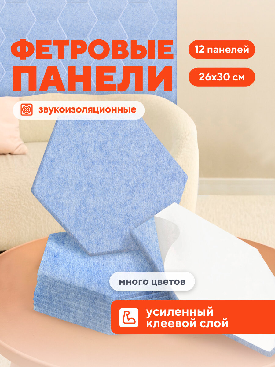 Акустические панели звукопоглощающие самоклеящиеся. Звукоизоляция для стен Hubox, 12 шт. соты, голубой