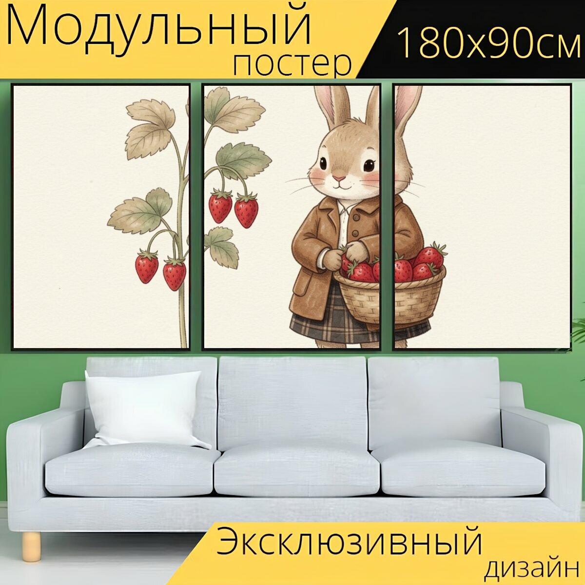 Модульный постер "Заяц с клубникой в корзине. Милый мультяшный кролик в коричневой одежде держит плетёную корзину с ягодами рядом с." 180 x 90 см. для интерьера на стену в тубусе