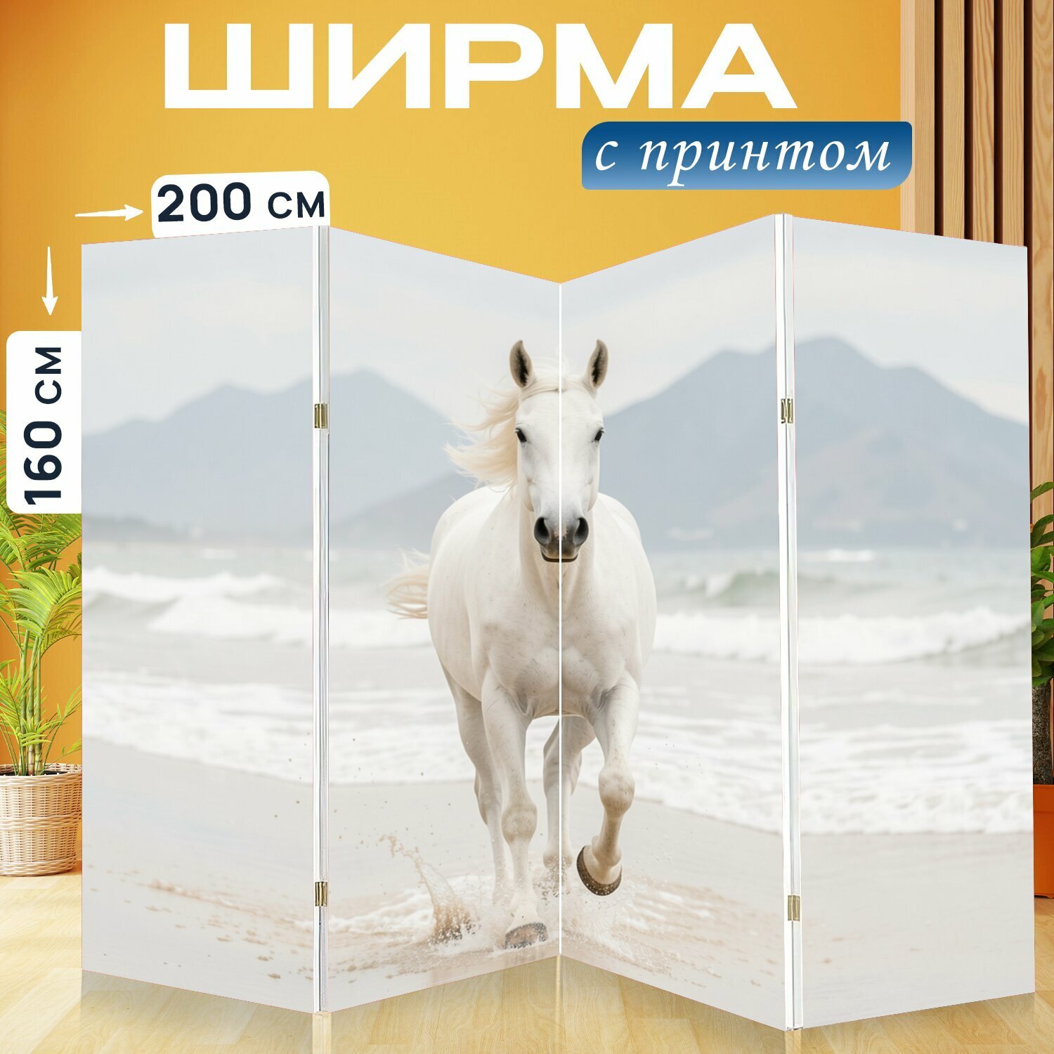 Ширма "Белая лошадь на морском берегу. Элегантный светлый жеребец бежит по мокрому песку у прибоя, брызги." перегородка для зонирования комнаты с принтом 200x160 см. на холсте