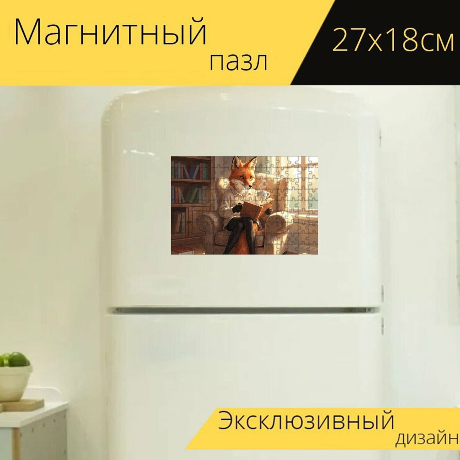Магнитный пазл "Лиса с книгой у окна. Уютная сказочная иллюстрация: рыжая лисица в кресле читает книгу рядом с чашкой чая, солнечные лучи, библиотечный." на холодильник 27 x 18 см.