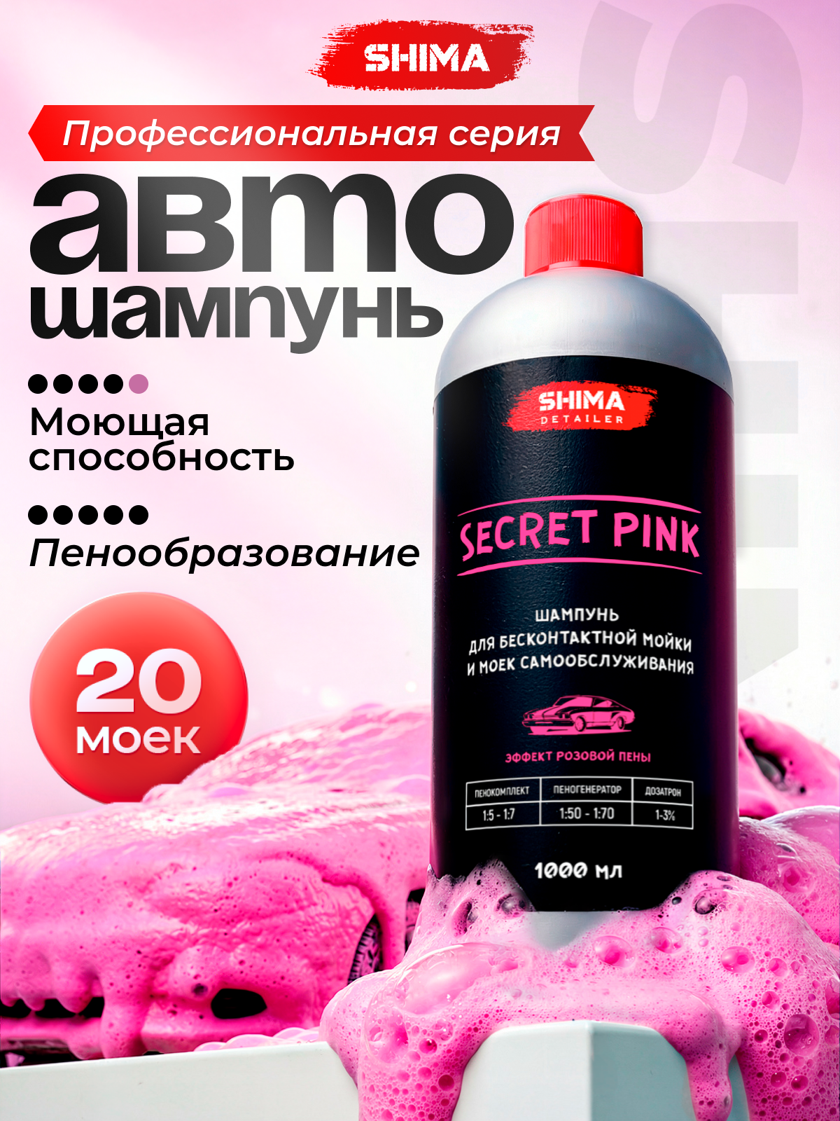 Автошампунь для бесконтактной мойки автомобиля c эффектом розовой пены SHIMA DETAILER SECRET PINK 1 кг