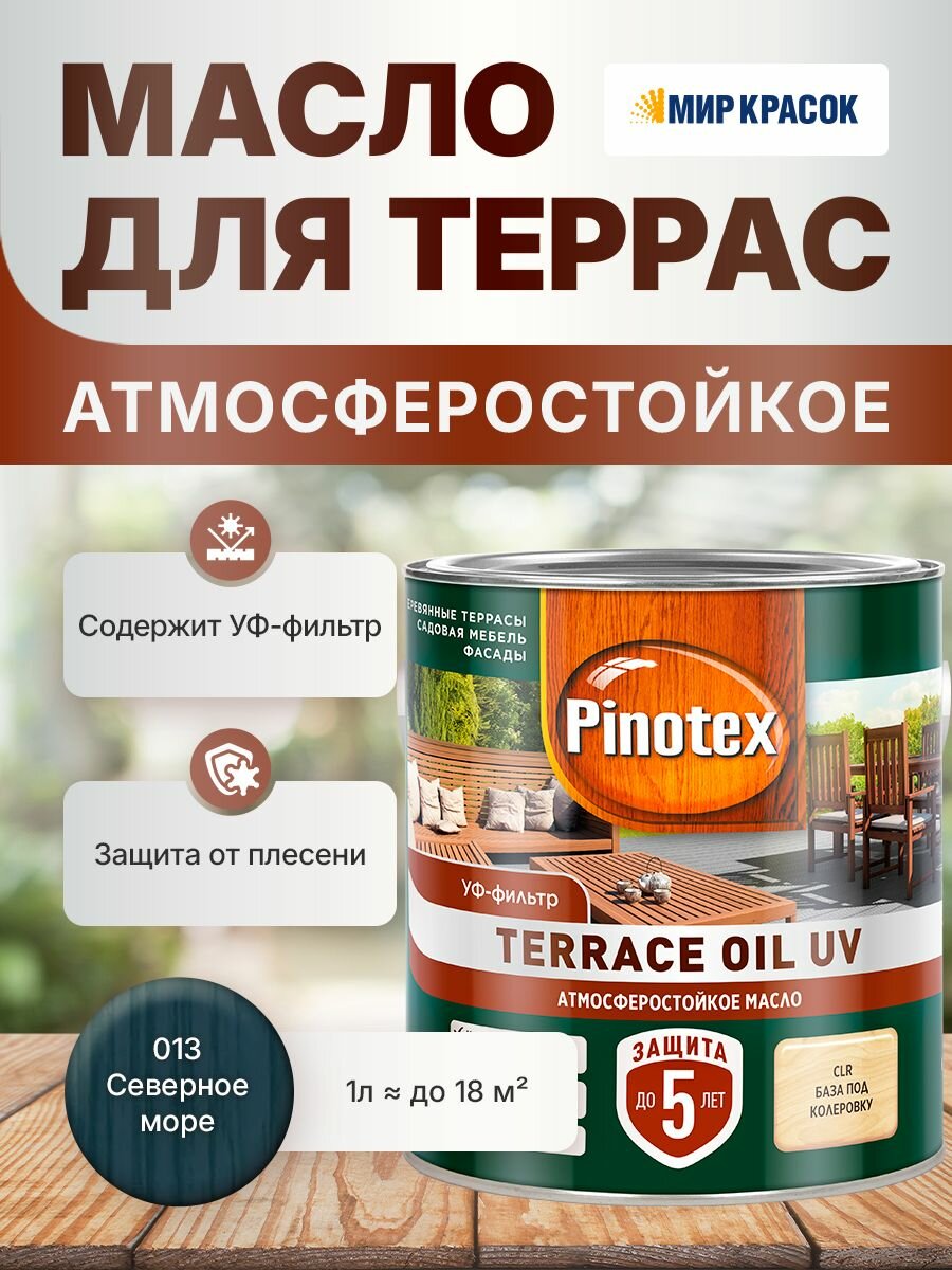 PINOTEX TERRACE OIL UV колерованное масло для террас, фасадов и садовой мебели, цвет: Северное море 013 (2,5л)