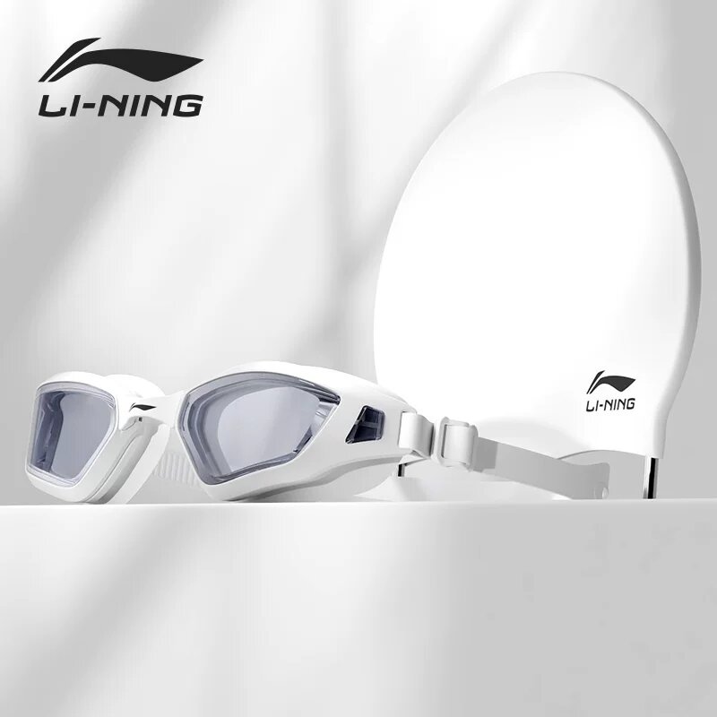 Li-Ning мужские очки для плавания с антизапотеванием и белой силиконовой шапкой, удобная посадка для водных видов спорта