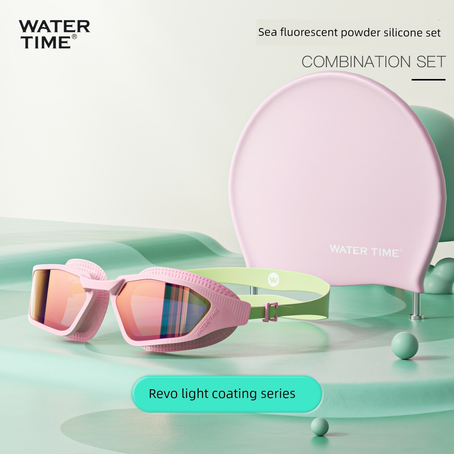 WaterTime Детские плавательные очки и водонепроницаемая силиконовая шапочка, для детей 4-15 лет, розовый