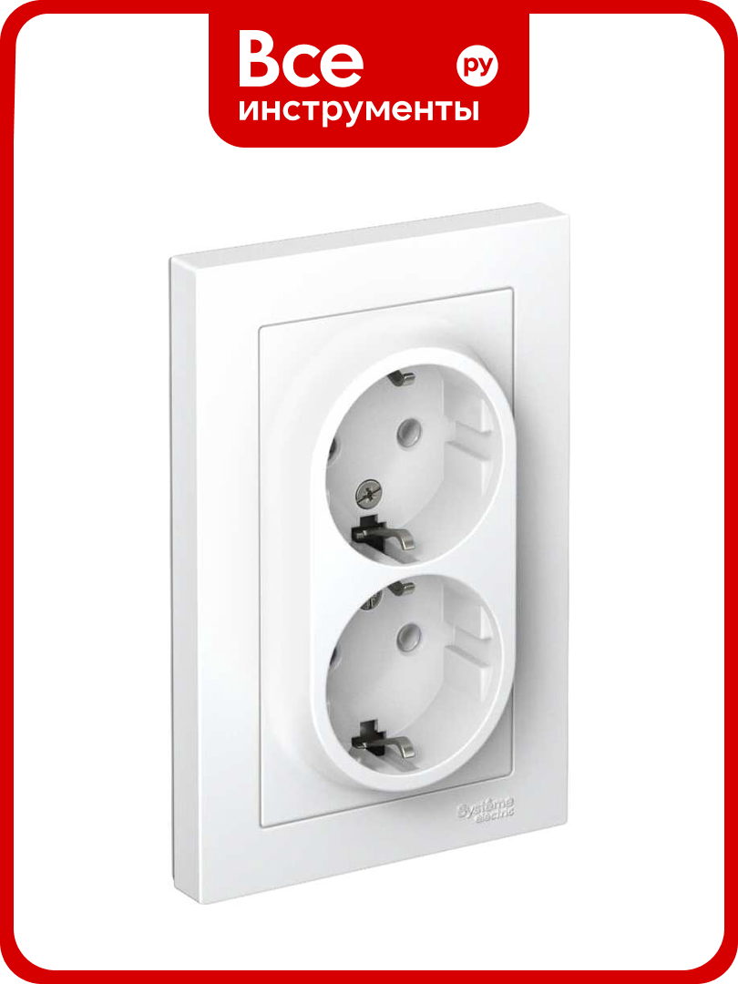 Розетка Systeme Electric 2-м ATLAS DESIGN с заземлением, 16А, в сборе, белая ATN000124 1240135, белый,