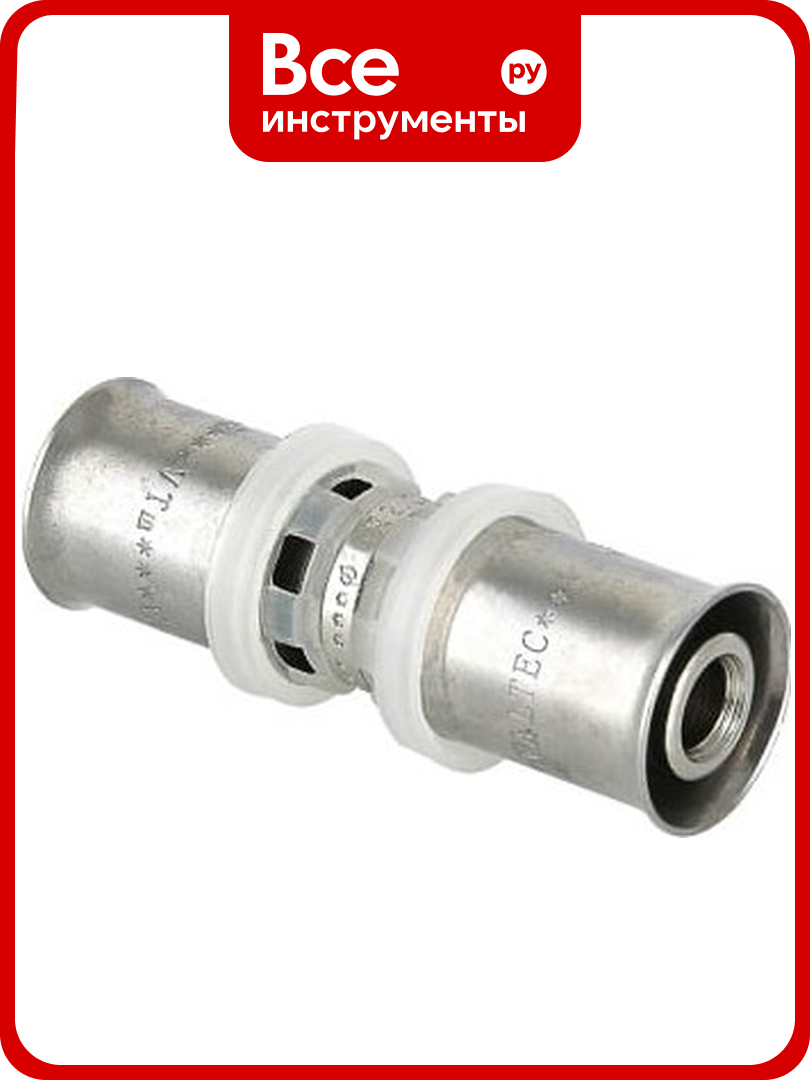 Соединитель пресс Valtec VTm.203. N.002020, муфтовый тип, из латунного сплава с никелированным покрытием, без резьбы