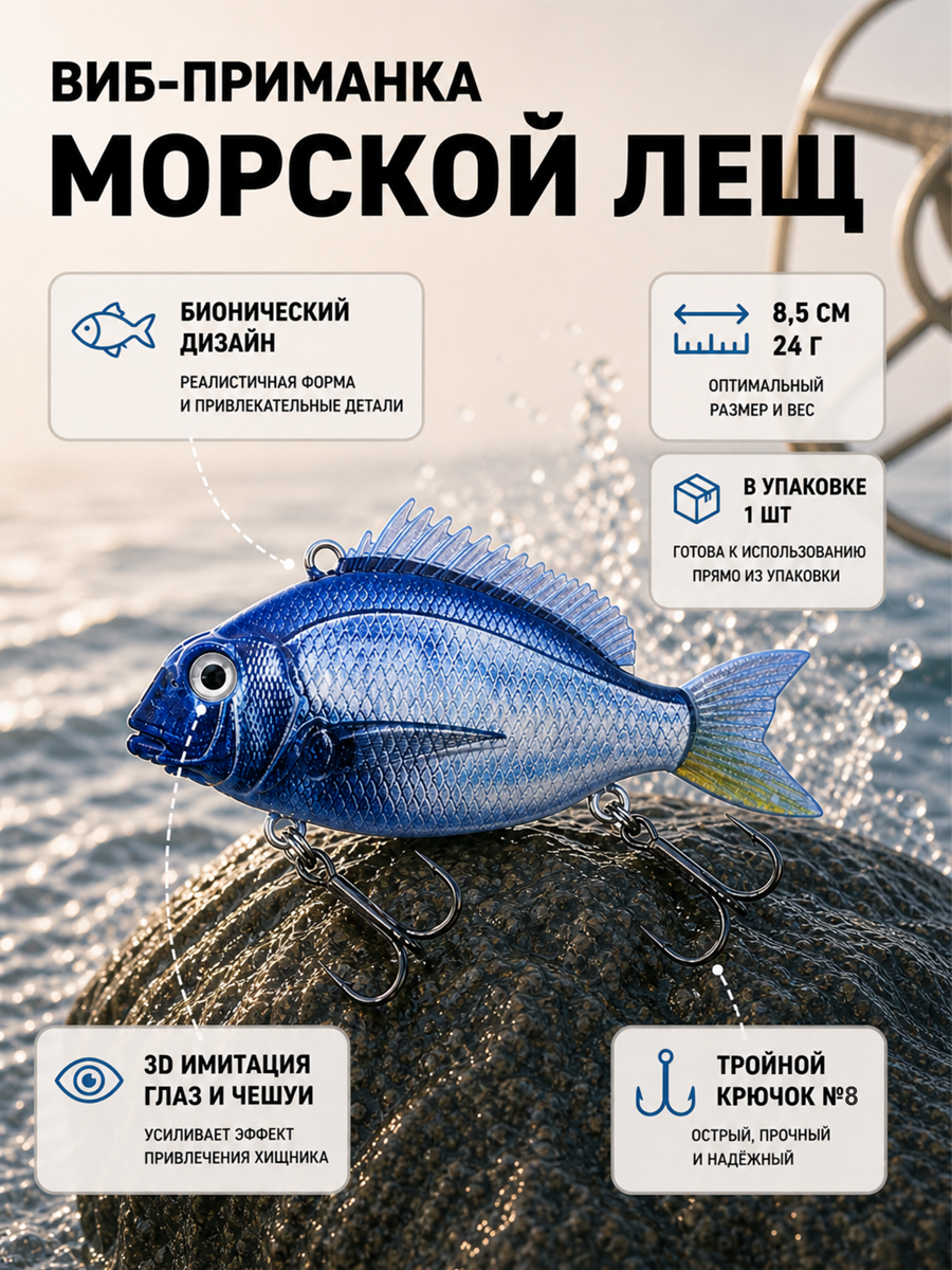 Рыболовная 3D вибрационная виб-приманка (VIB), имитация морского леща, тонущая для дальнего заброса, с тройным крючком 8,5 см/24 г, синяя