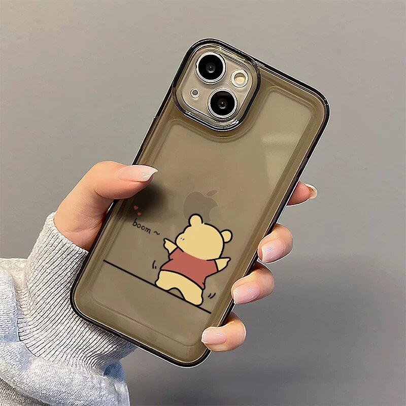 Мягкий чехол для iPhone 17 Pro с рисунком Винни-Пуха, черный прозрачный материал, полная защита камеры