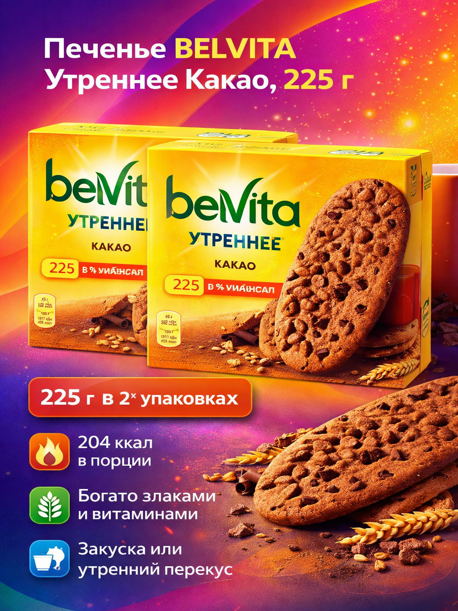 Печенье BELVITA Утреннее Какао, 225г x 2 упаковки