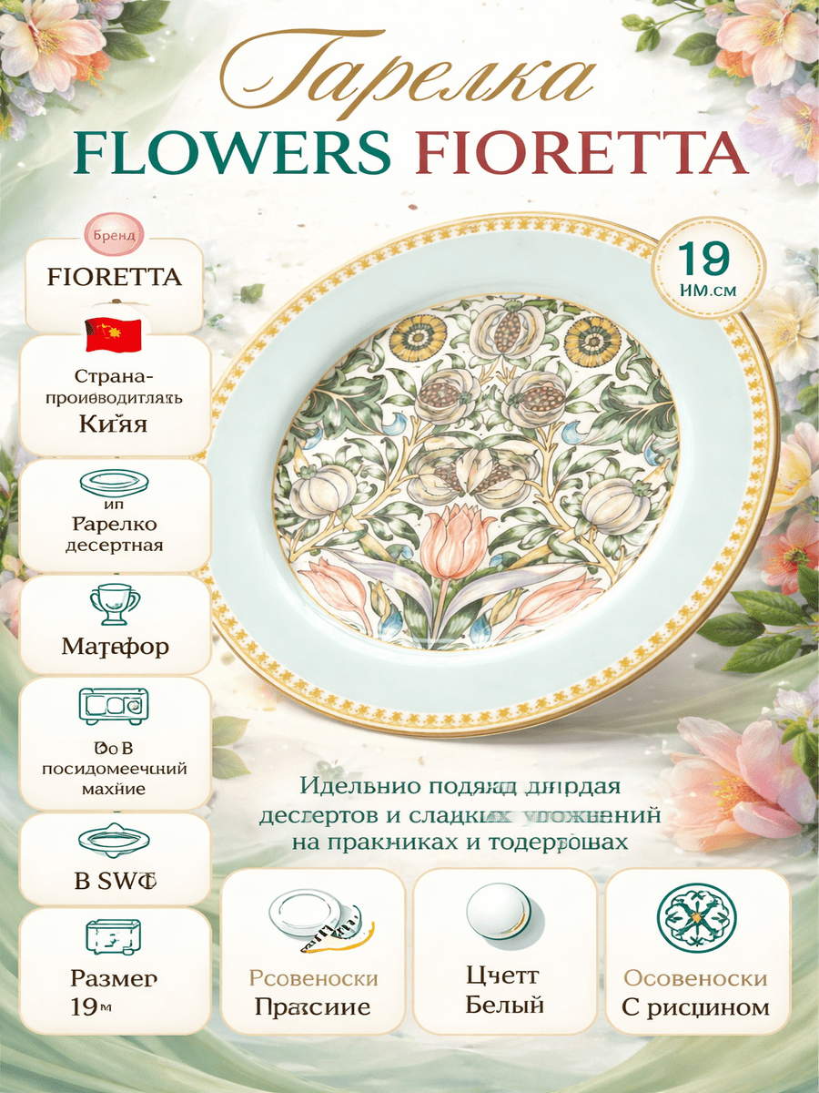 Тарелка Flowers Fioretta десертная, 19см