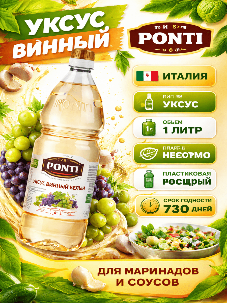 Уксус винный Ponti белый, 1л