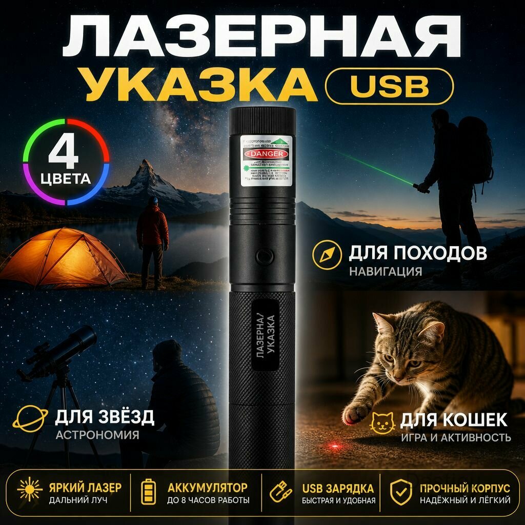 Лазерная указка USB с четырьмя цветами (красный, зеленый, синий, фиолетовый), дальнобойная указка, эффект звездного неба, перезаряжаемая со встроенным аккумулятором