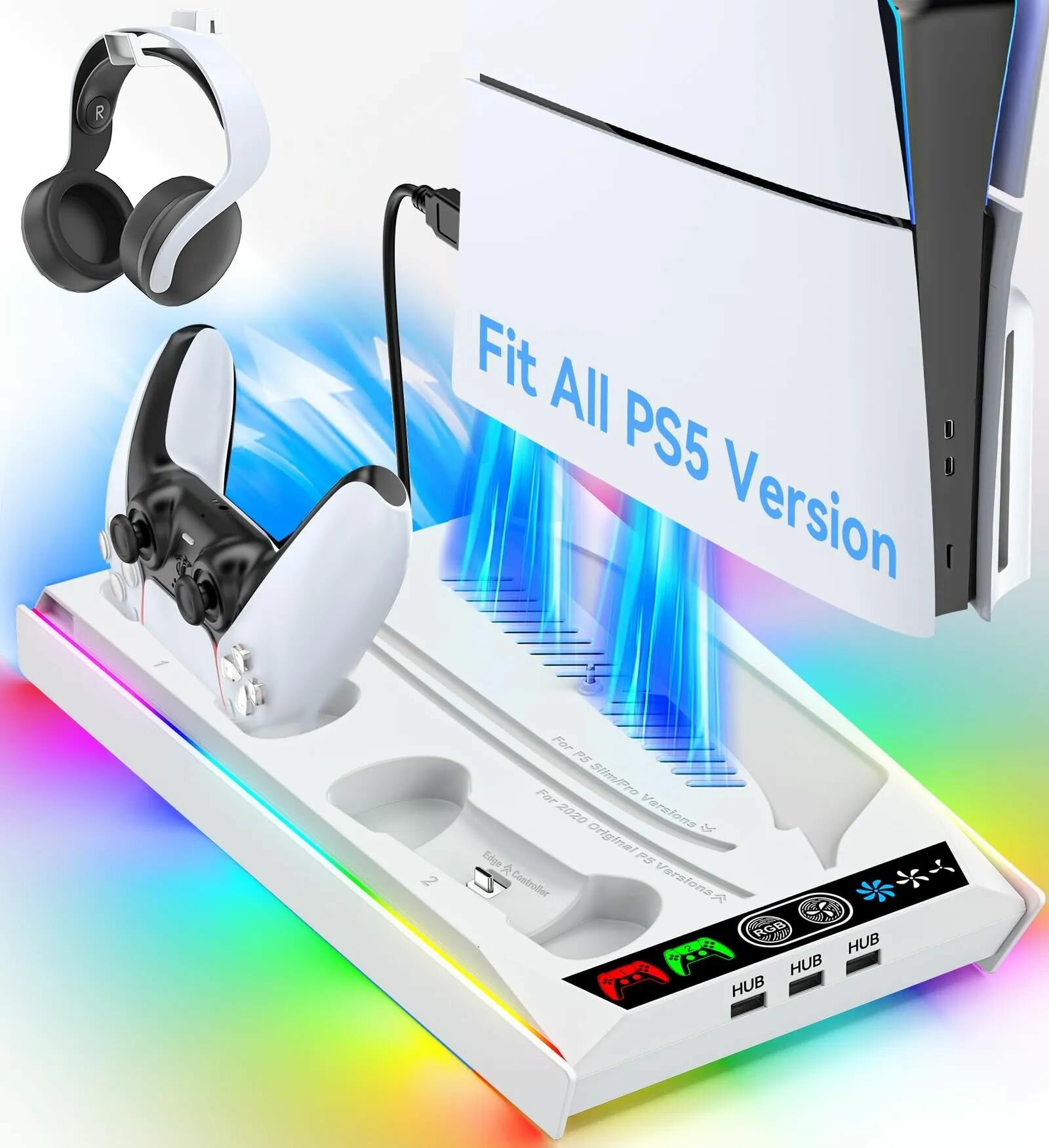 Подставка с охлаждением и зарядкой для геймпадов Dualsense Sony PS5 Fat Slim Pro Белая с RGB подсветкой