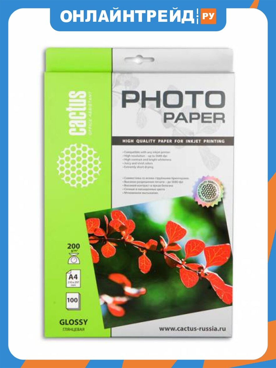 Фотобумага Cactus CS-GA4200100 A4/200г/м2/100л. глянцевая для струйной печати