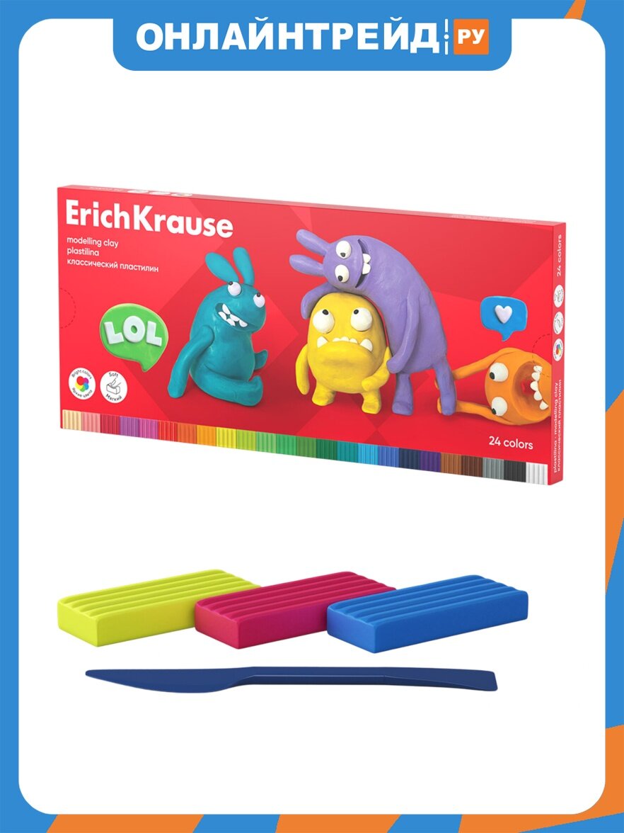 Пластилин классический Erich Krause "Jolly Friends", 24 цвета, 432 г, со стеком, 61350