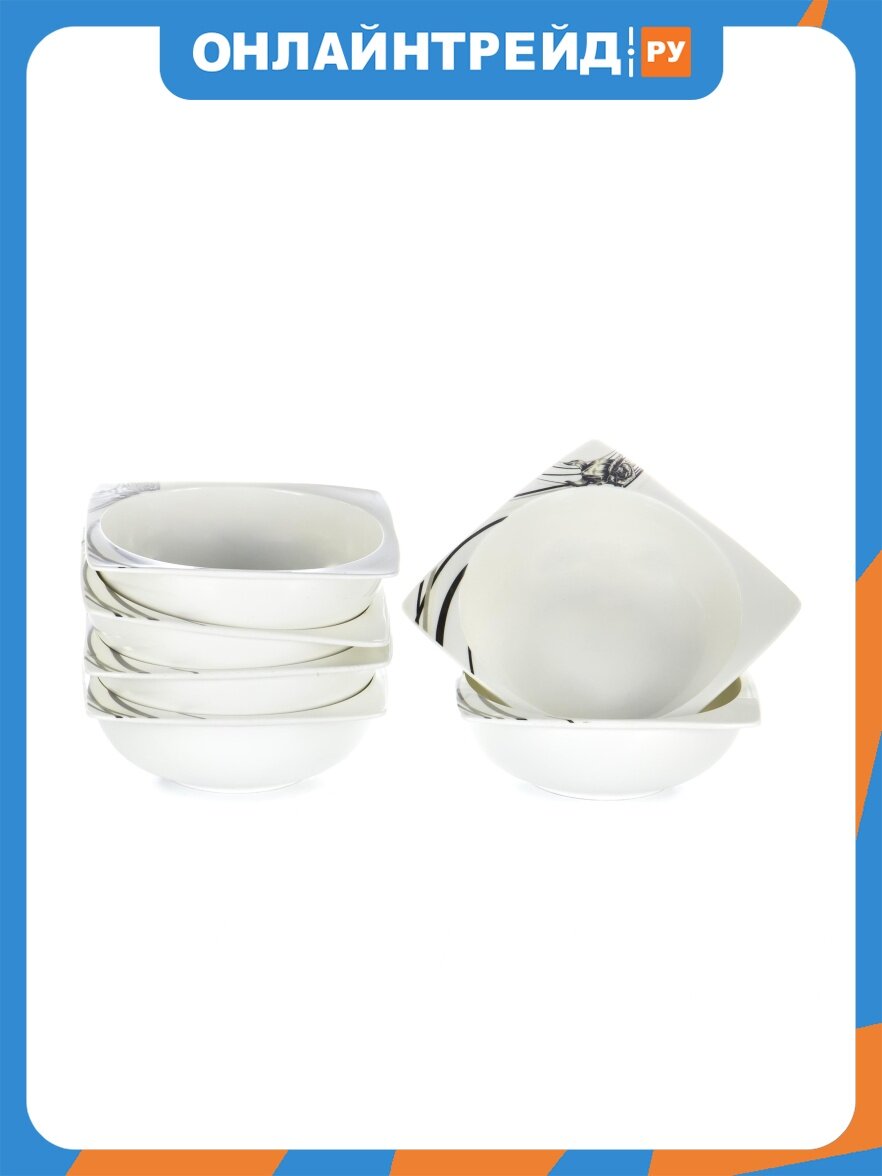 Набор салатников Olaff белый квадрат, роза, 6 шт, 600 мл, NEW BONE CHINA (SC-7B6CB-002)