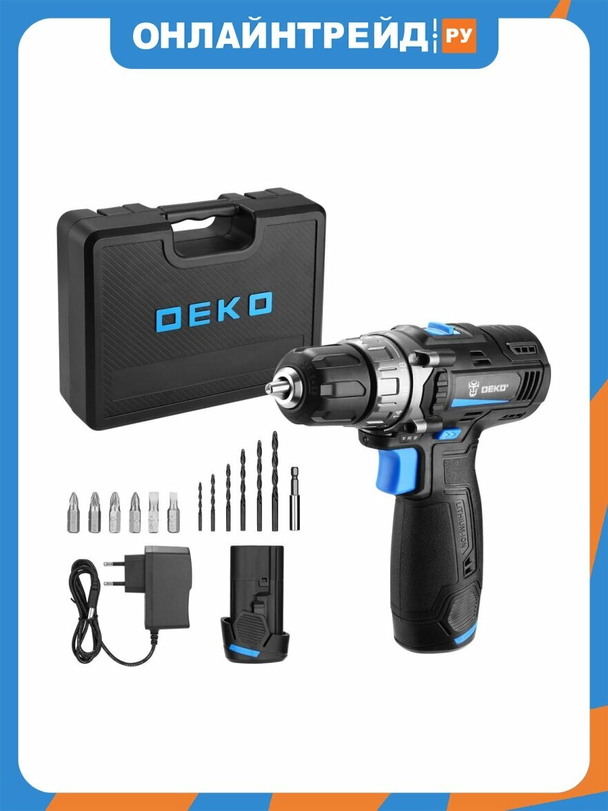 Дрель-шуруповерт аккумуляторная Deko DKCD12V PRO в кейсе + оснастка 13 шт, 12В, 2х2.0Ач (083-1007)