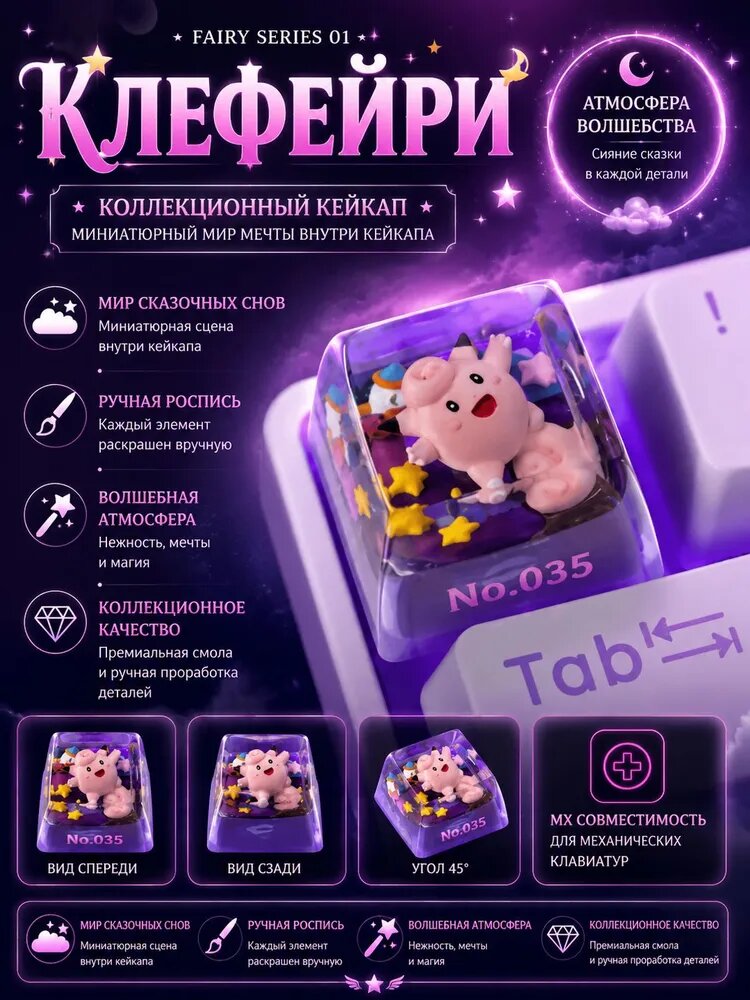 (Клефейри / Clefairy), Колпачки для клавиатуры в стиле Pokmon (Клефейри / Clefairy), прозрачный смоляной кейкап SA, для механической клавиатуры