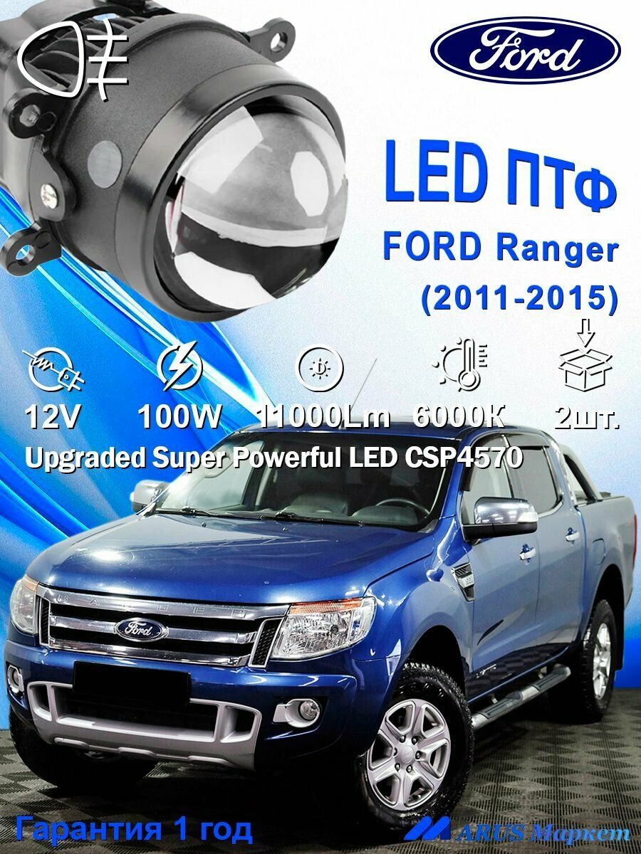 Фары противотуманные FORD Ranger (2011-2015) - светодиодные ПТФ линзы 100W, 6000K