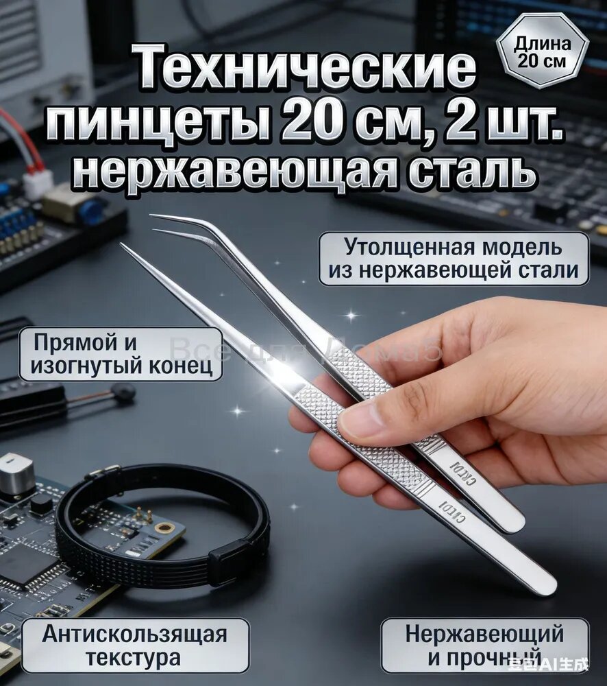 Набор пинцетов 200 мм (2 шт), стальной инструмент для моделирования, точных работ, кормления рептилий и аквариума