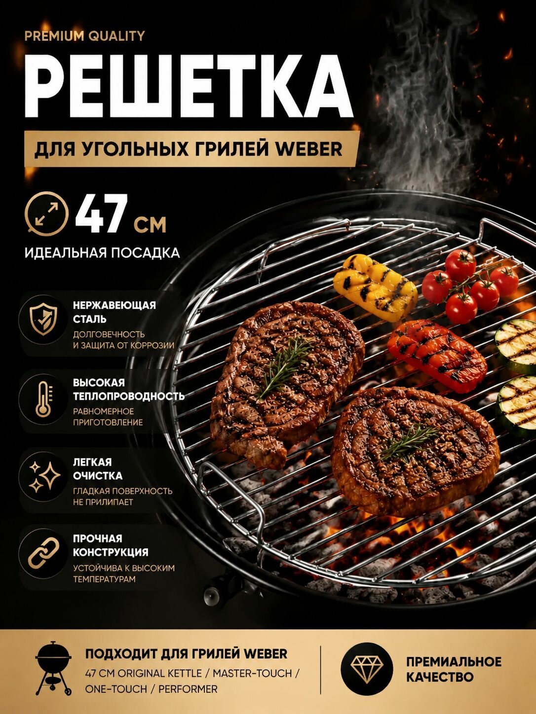 Решетка для угольных грилей Weber диаметром 47 см ( нержавеющая сталь)