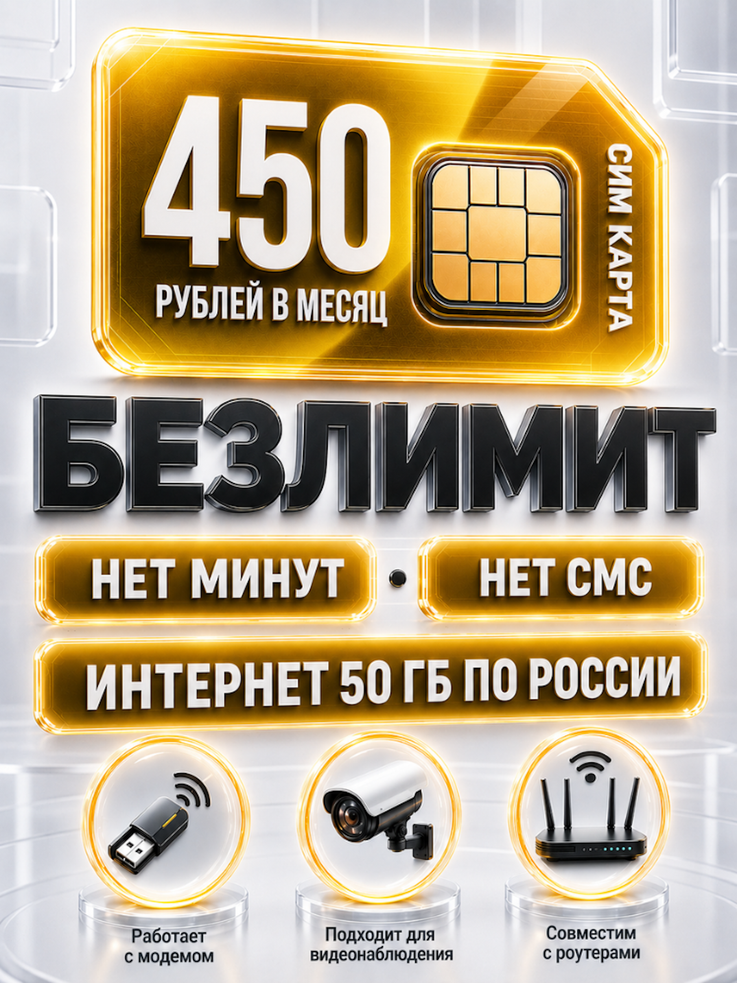 Сим карта Безлимитный интернет - тариф 450 рублей в месяц 50 ГБ по РФ для мобильных модемов и роутеров 4G LTE YBL2