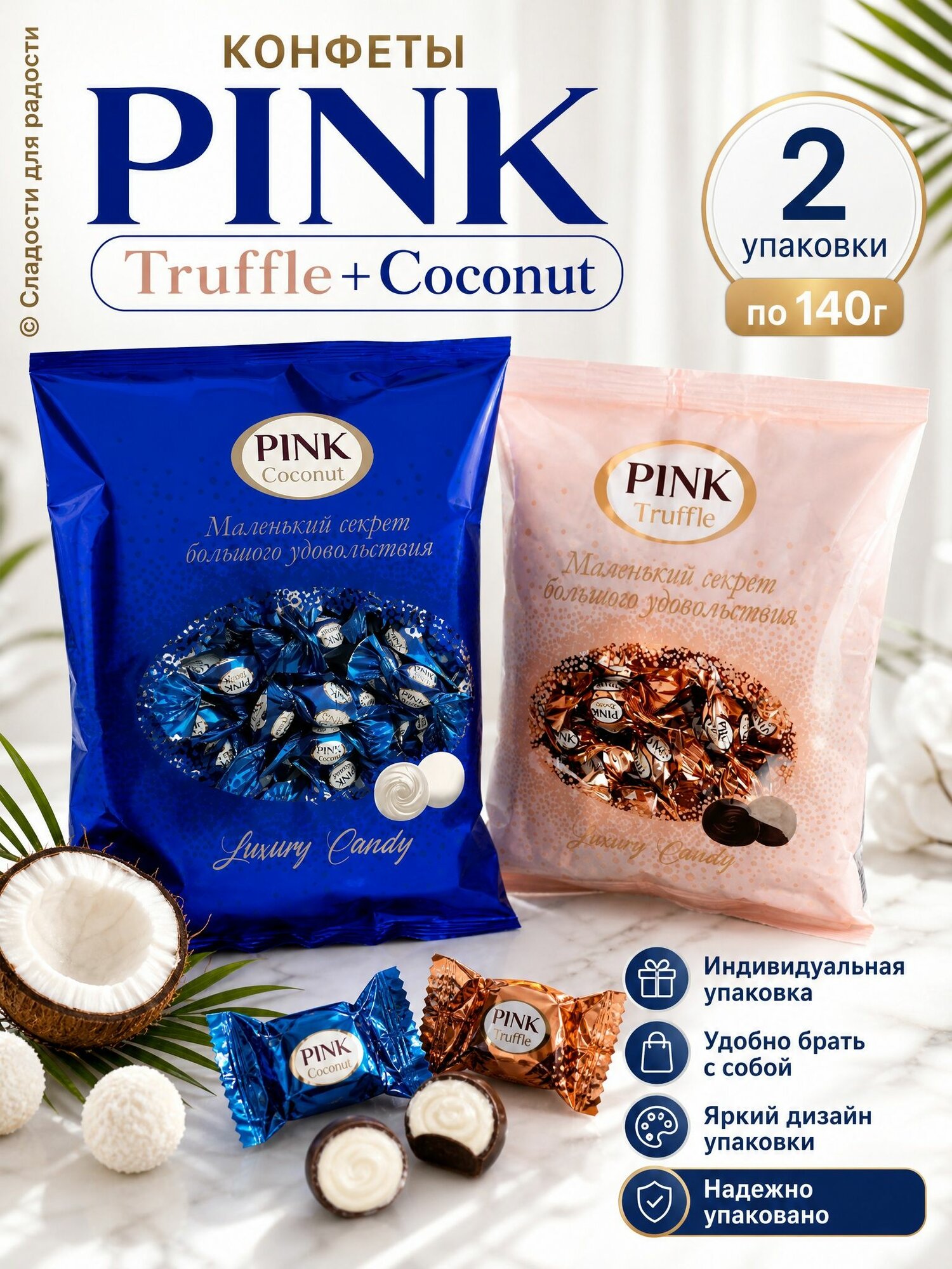 Шоколадные конфеты PINK Truffle+Coconut 2 шт