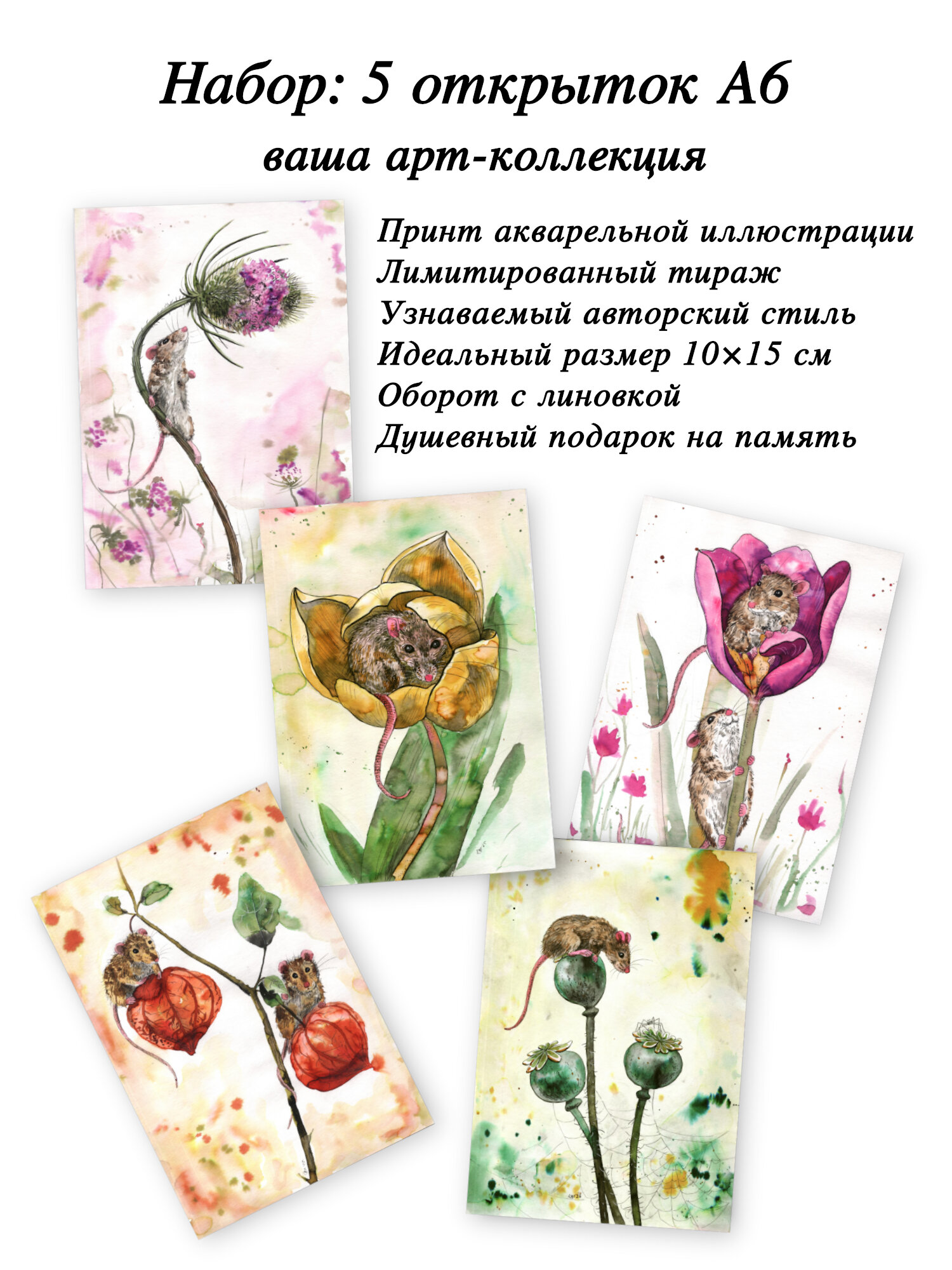 Арт-коллекция открыток "Мыши‑цветочницы" 5 штук, 10х15 см, иллюстрации от художника