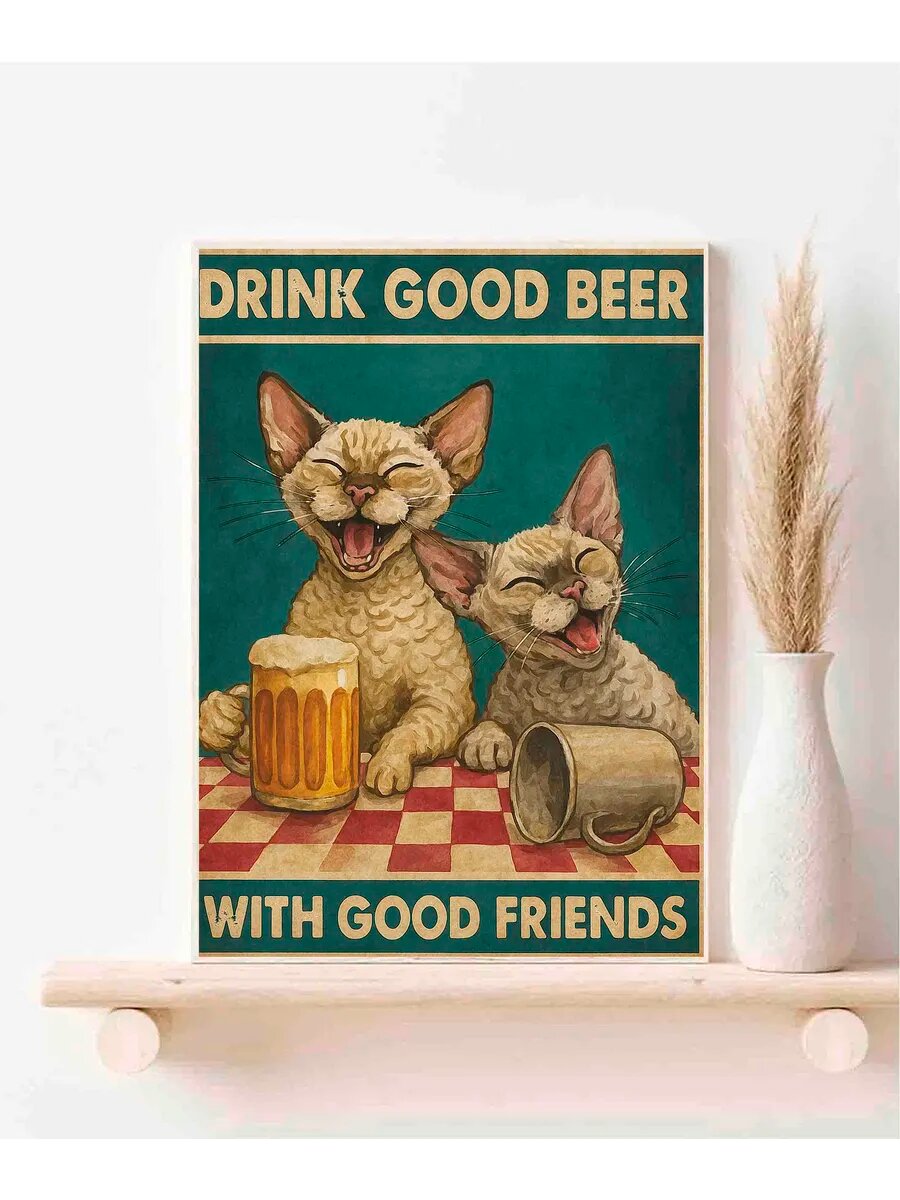 Кошка породы Девон-рекс, Drink Good Beer, Плакат 30x42см