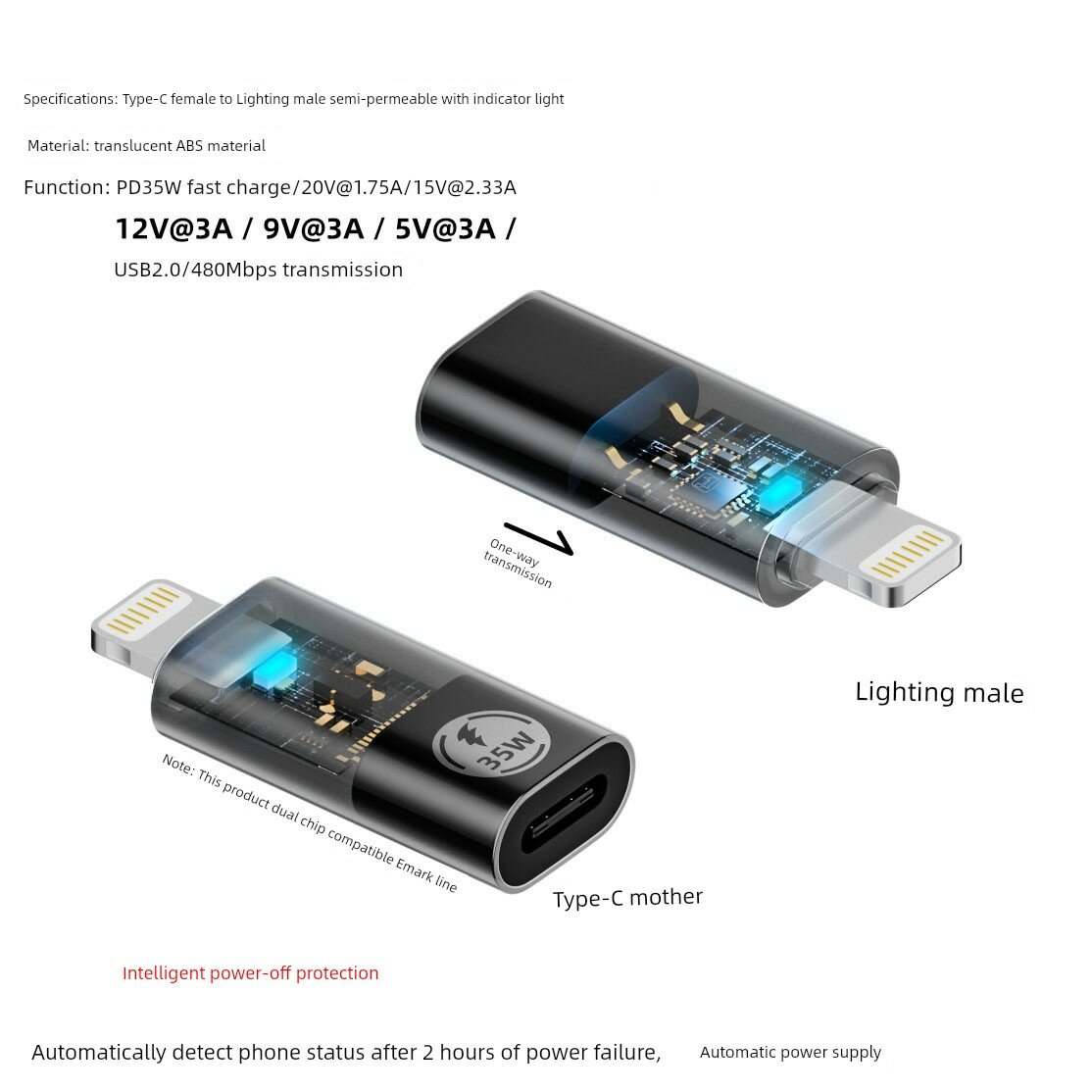 Светодиодная подсветка, кабель Type-C женский к Lightning мужской, 35 Вт PD с умным отключением, без цифрового дисплея,