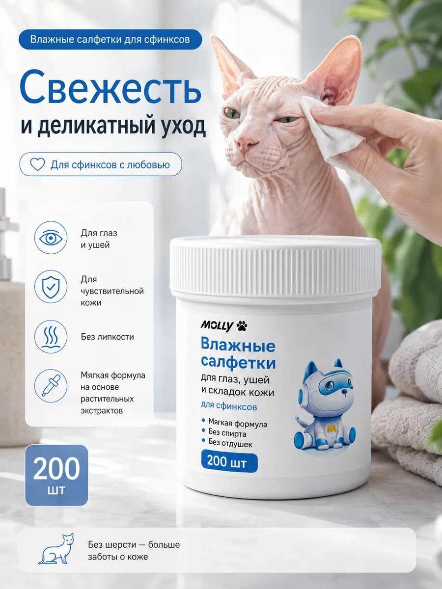 Влажные салфетки для ухода за бесшёрстными кошками