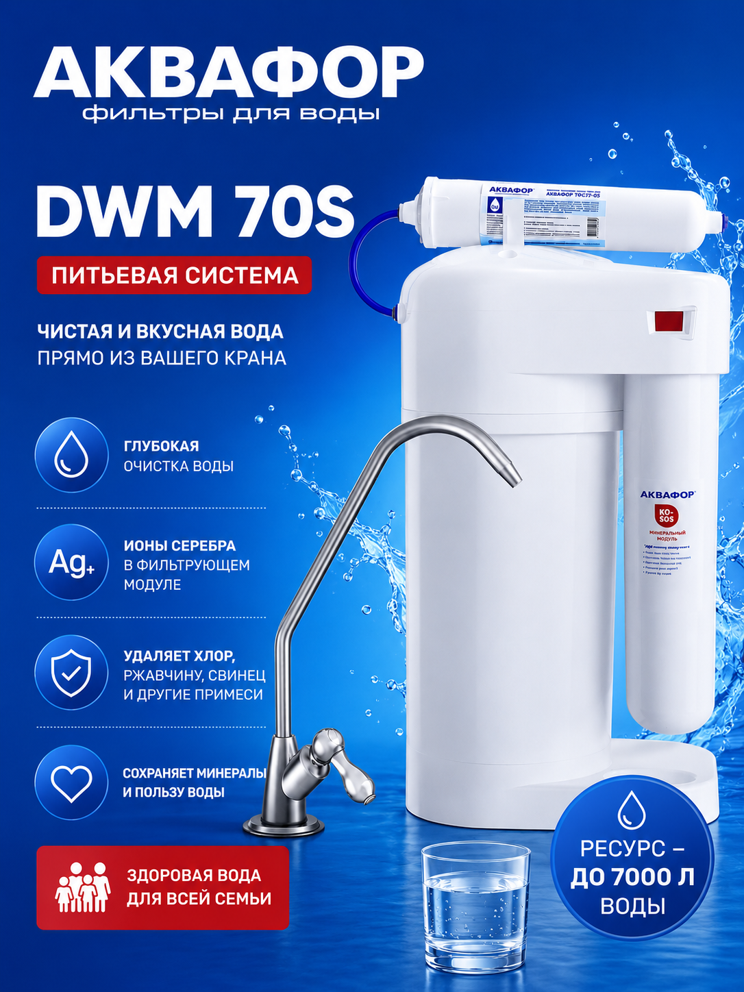 Система обратного осмоса Аквафор DWM-70s, 3 быстросъемные ступени с минерализатором, бак 5 л, кран в комплекте