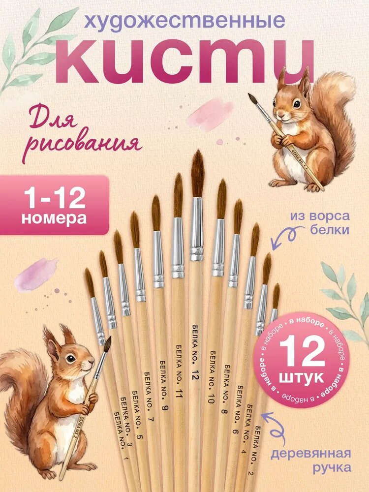 Кисточки для рисования белка 12 штук (№1-12), круглые