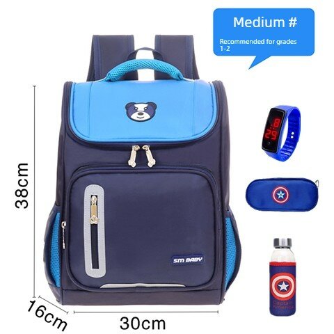 Средний школьный рюкзак для мальчиков с пеналом, бутылкой и часами 6-7 лет, небесно-голубой