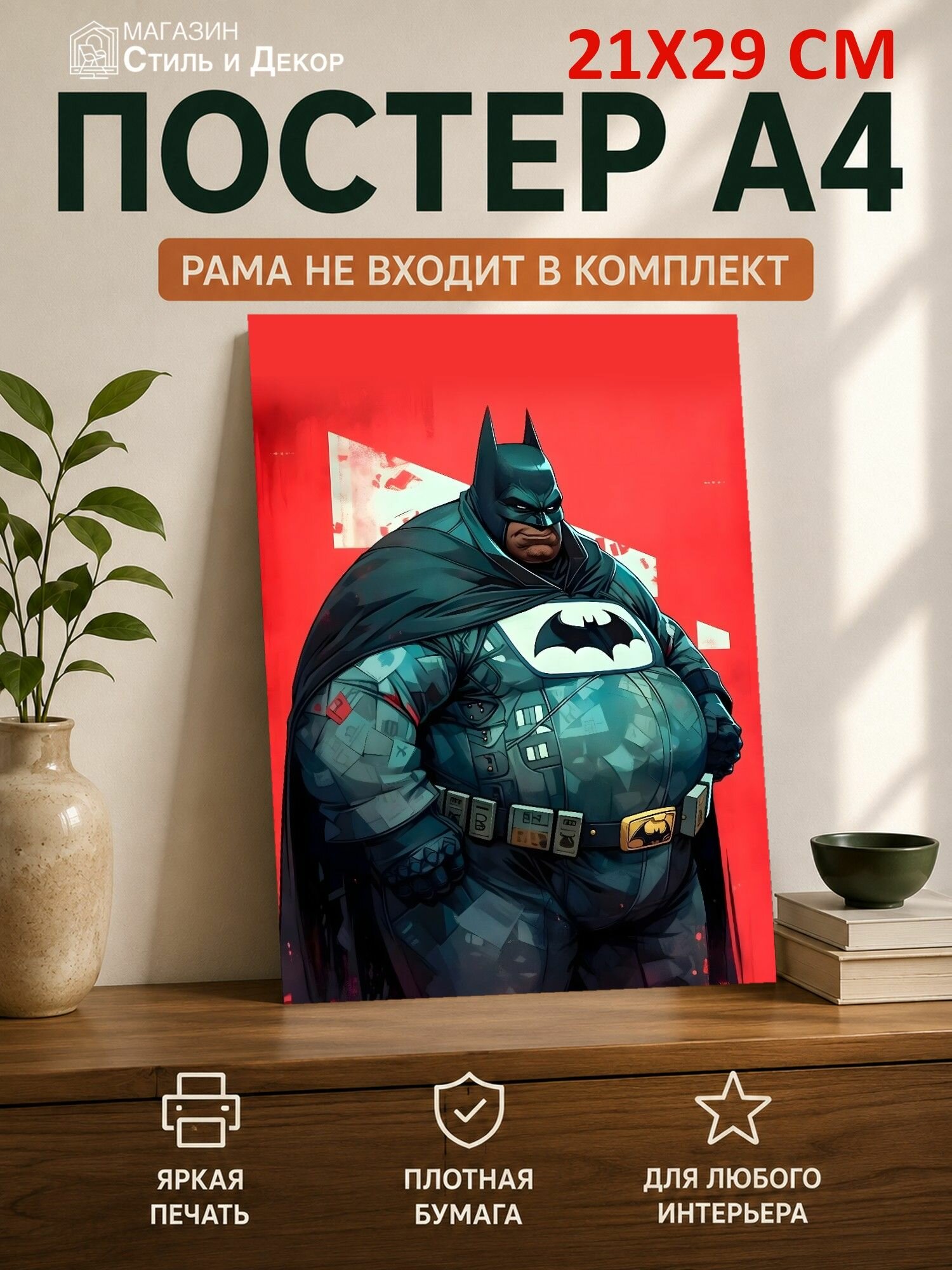 ПостерТолстый Бэтмен на красном фоне, плакат на стену интерьерный 21x30 см (A4).