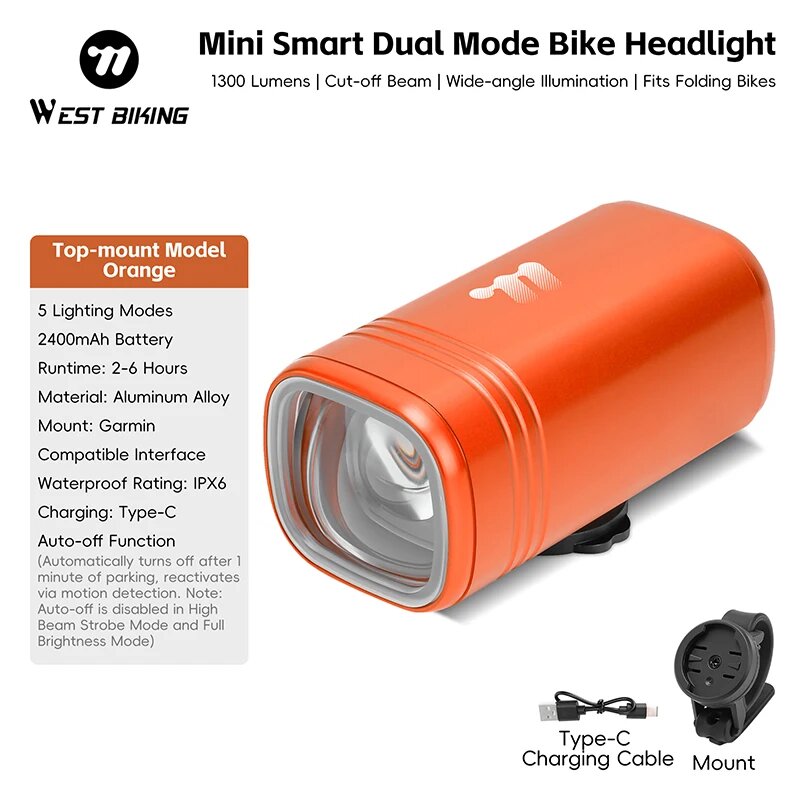 Велофара West Biking 1300 люмен алюминиевая IPX6 Top-mount Orange
