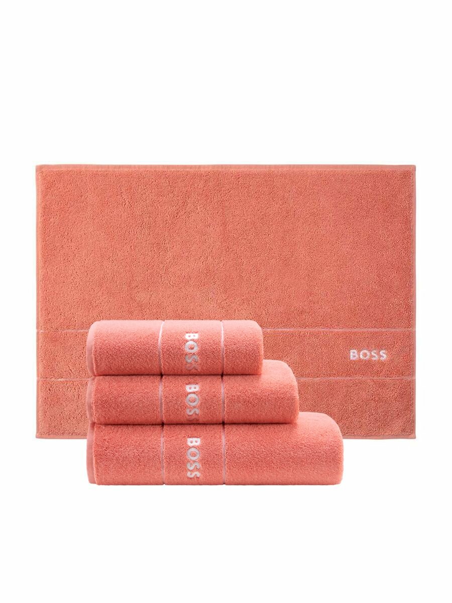 Набор из 3 полотенец 600 г/м2 и 1 коврика 900 г/м2 Boss Plain: 1 - банное 70х140, 1 - для рук 50х100, 1 - для лица 40х60, 1 - коврик 50х70, 100% хлопок, Вышивка Boss, OEKOTEX 100, Розовый