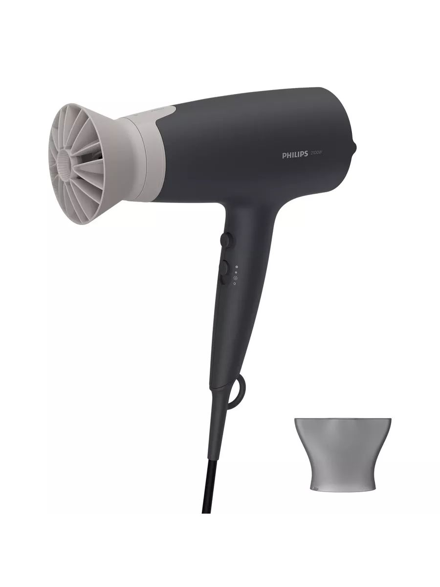 Philips Фен для волос BHD351/10 2100 Вт, скоростей 3, кол-во насадок 2, черный, серый