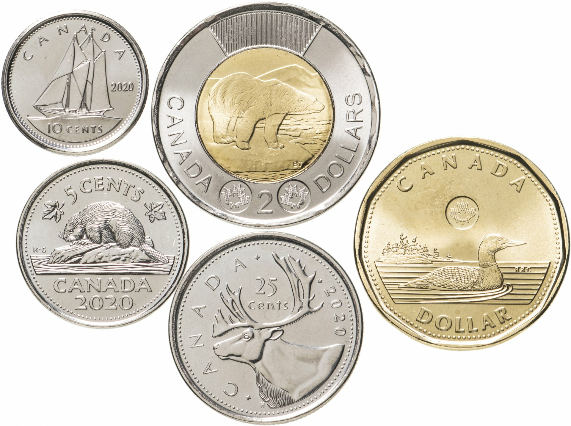 Канада набор 5 монет - 5, 10, 25 центов 1, 2 доллара 2020 год, Другой, в сохранности UNC