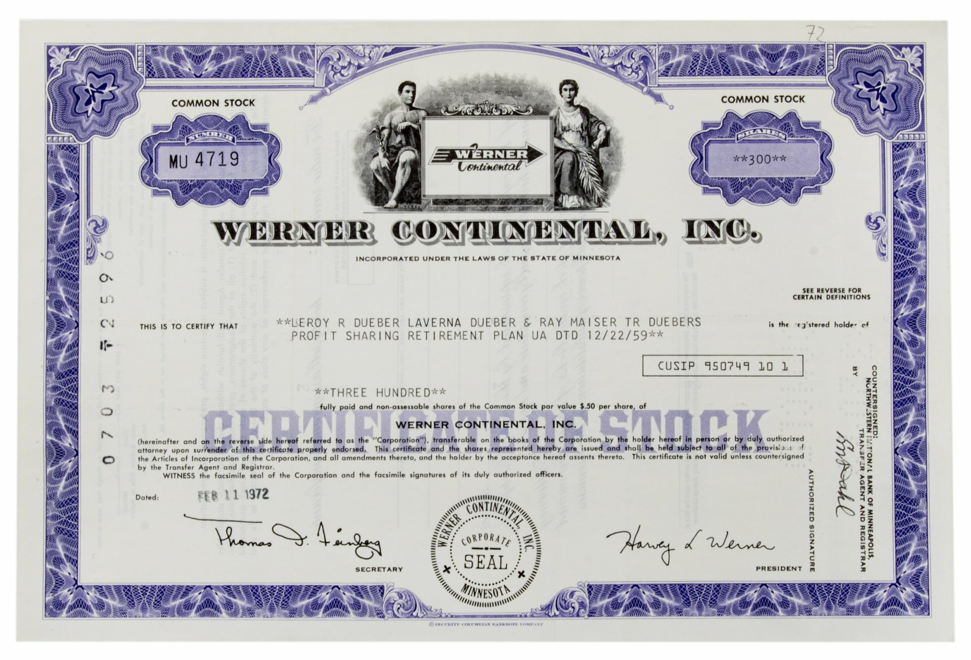 Акция США WERNER CONTINENTAL, INC 1972 г