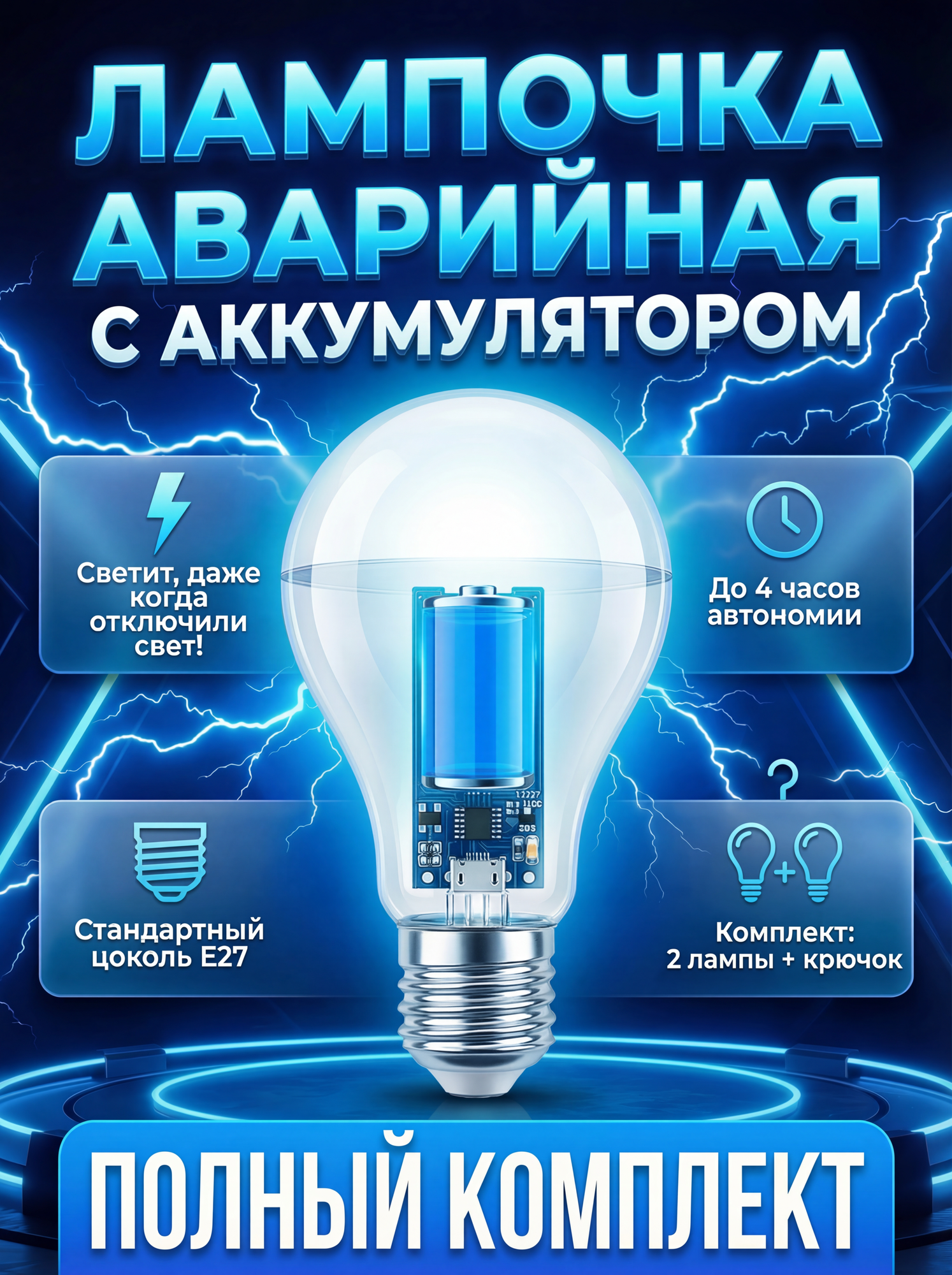 Комплект из 2-х аварийных лампочек 9W e27 теплый свет, с аккумулятором, с подвесным крючком-включателем