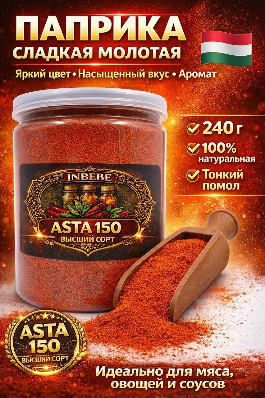 Паприка INBEBE ASTA150, сладкая, высший сорт, молотая, герметичная банка с ключом, 240 г