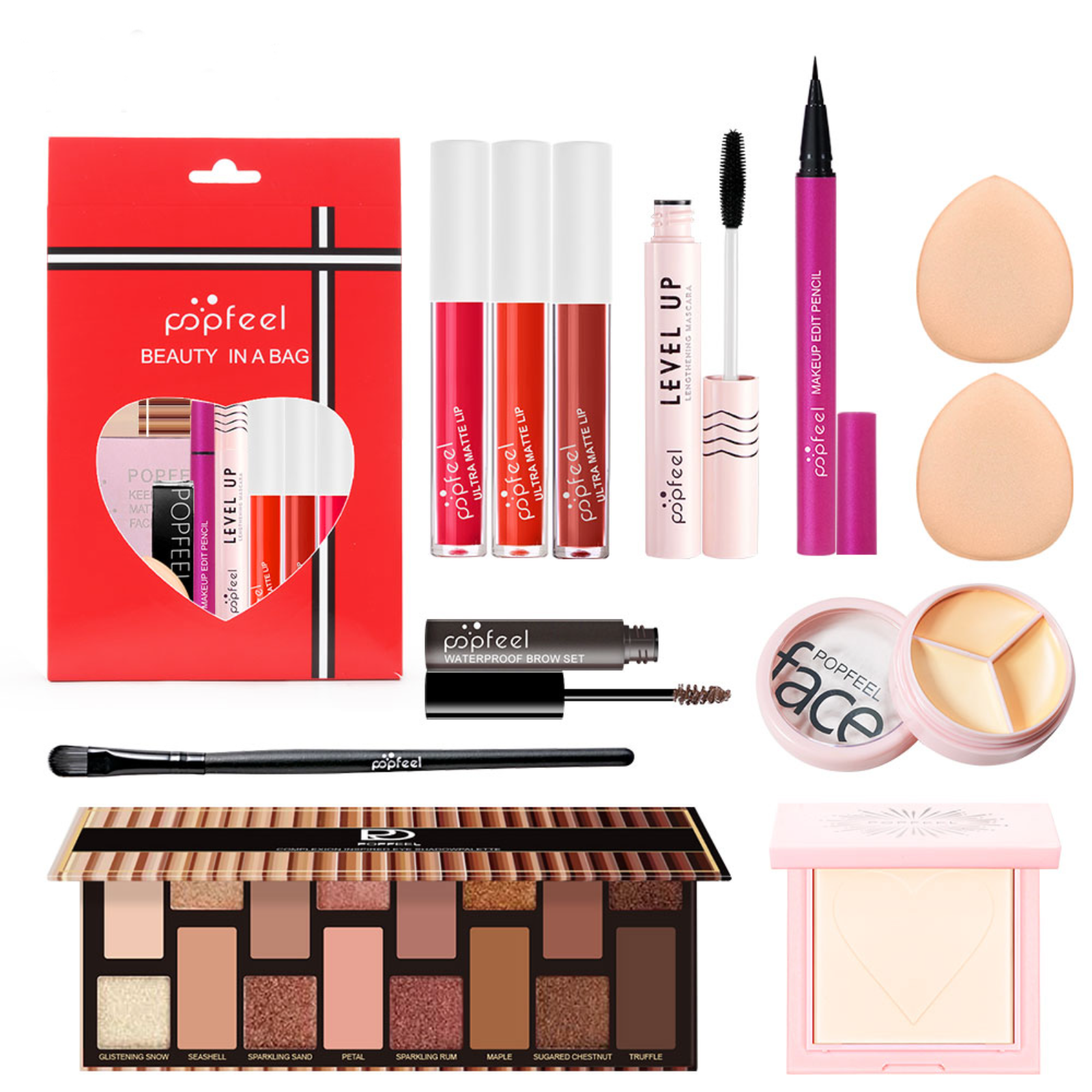 Набор для макияжа лица для начинающих, включающий 4 лака для губ, 1 чёрный карандаш для глаз, 1 карандаш-тушь для глаз, 2 пуховые пудры, 1 тонировку для бровей, 1 кисть для тени для глаз, 1 консилер трёх цветов, 1 пудру, 1 тень для глаз из 16 цветов