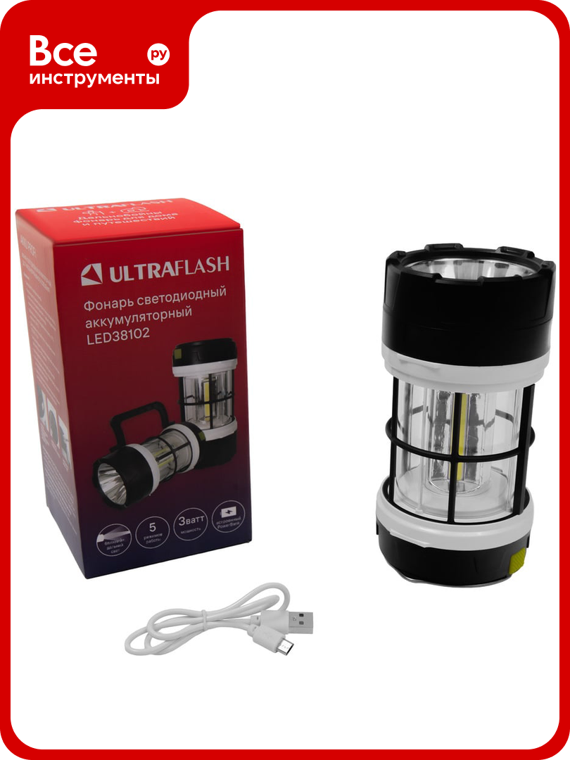 Фонарь аккумуляторный Ultraflash LED38102 черн./бел, LED+3COB, 5 реж, Micro-USB, PowerBank, пластик, кор. 15952