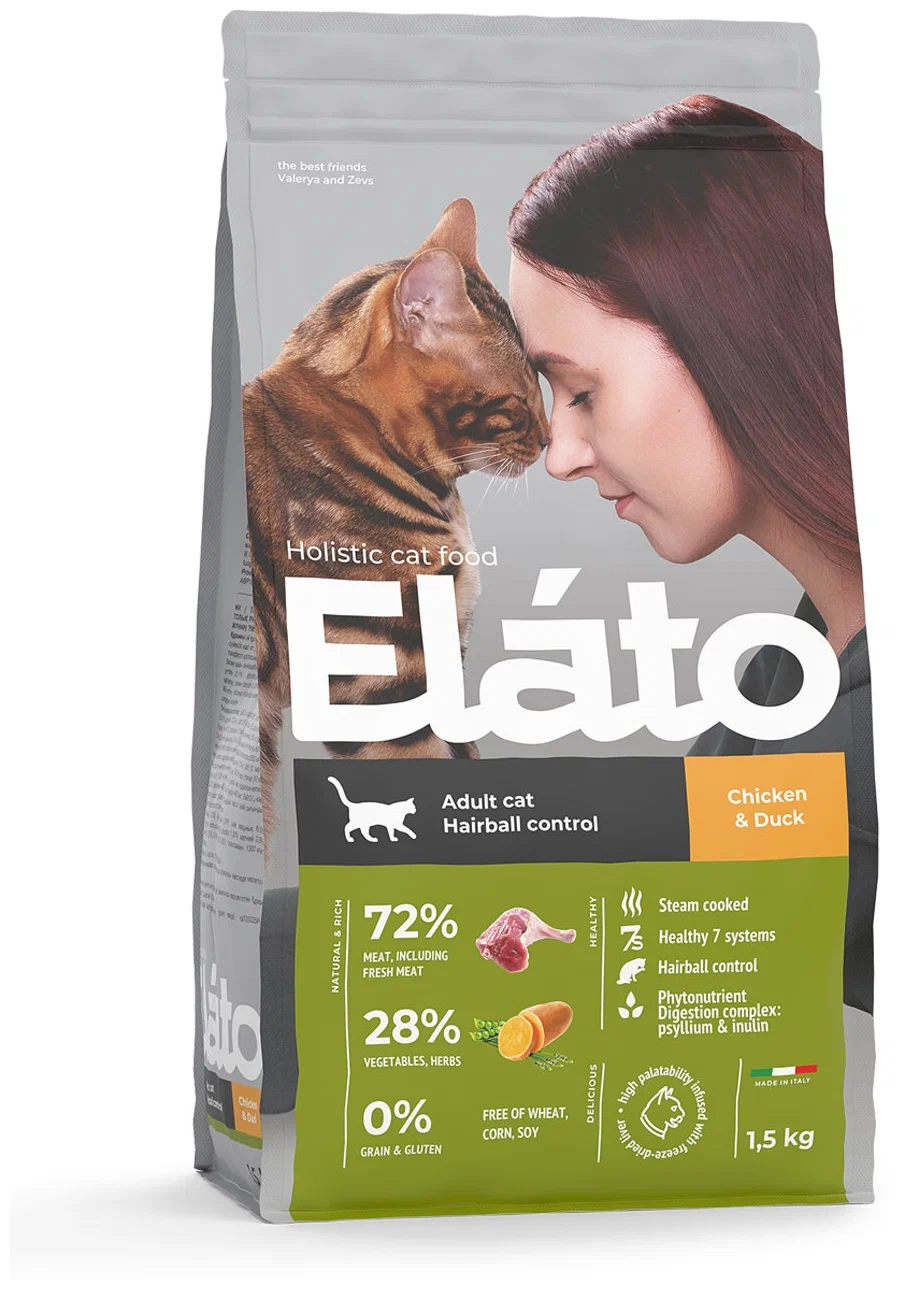 Сухой корм Elato Holistic для кошек для выведения шерсти, курица и утка 1.5 кг