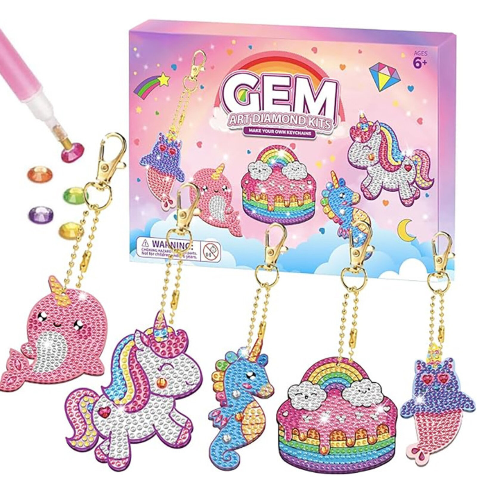 DIY клеймо для ключа из акрилла с бриллиантами, ручная аппликация с бриллиантами, набор для рисования бриллиантами для детей, 5 клеев для ключей, 5 пластинок для рисования бриллиантами, 1 поднос для камней, 1 восковой квадрат, 1000+ разноцветных камней,