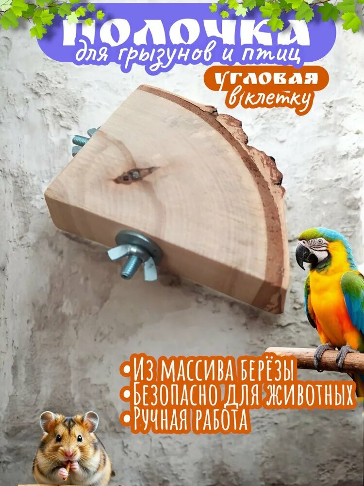 Полка угловая в клетку для грызунов и птиц, из массива дерева, игрушка, полочка для попугаев