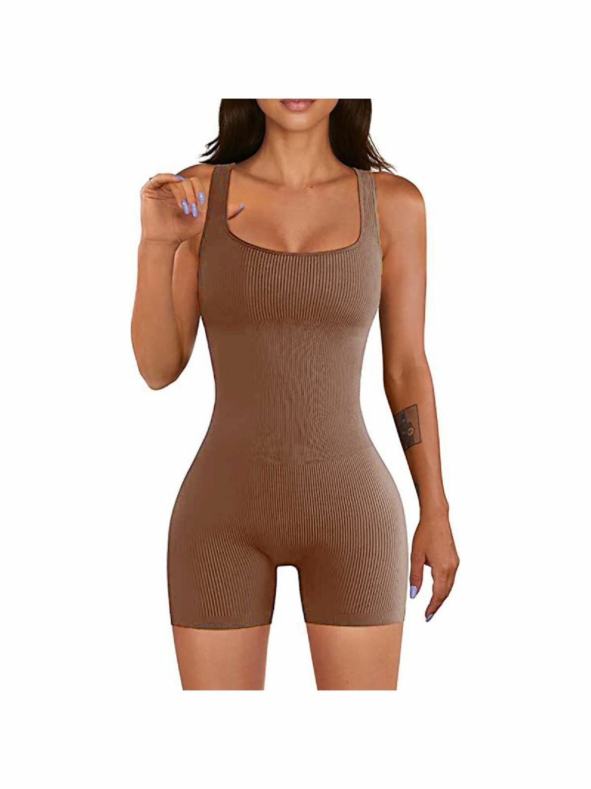 Женский черный обтягивающий боди для йоги с квадратным вырезом, Коричневый - XXL